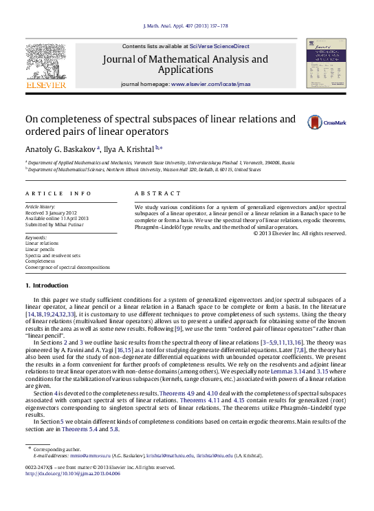 (PDF) On completeness of spectral subspaces of linear relations and ordered pairs of linear ...