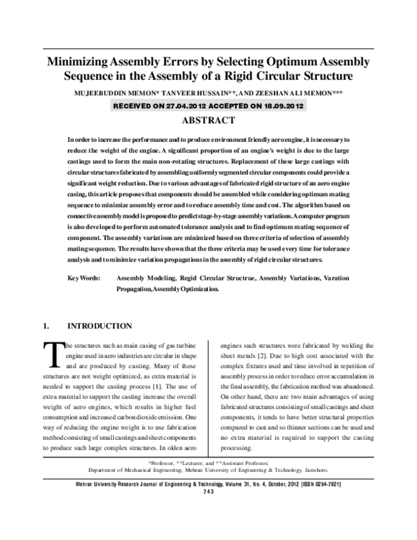 Pdf Minimizing Assembly Errors By Selecting Optimum Assembly Sequence In The Assembly Of A 