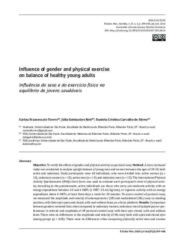(PDF) Influence of gender and physical exercise on balance of healthy ...
