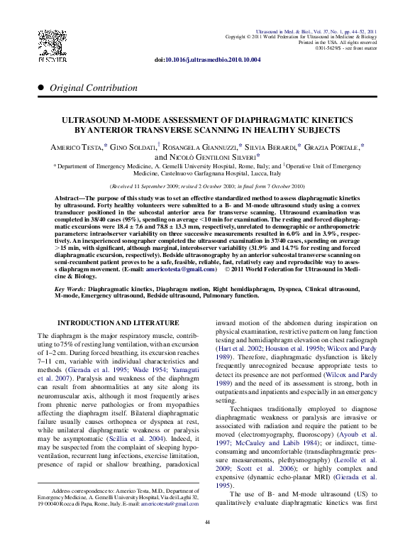 (PDF) Ultrasound M-Mode Assessment of Diaphragmatic Kinetics by ...