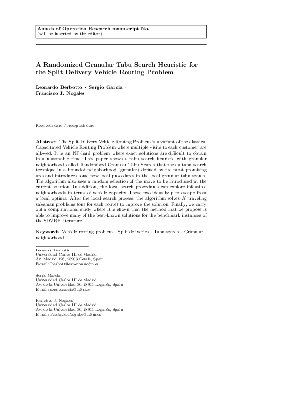 Pdf A Randomized Granular Tabu Search Heuristic For The Split Delivery Vehicle Routing Problem