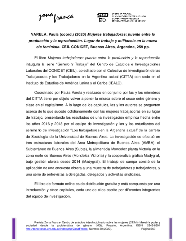 (PDF) VARELA, Paula (coord.) (2020) Mujeres trabajadoras: puente entre la producción y la ...