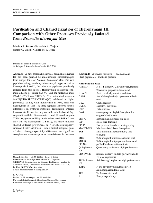 (PDF) Purification and Characterization of Hieronymain III. Comparison with Other Proteases ...