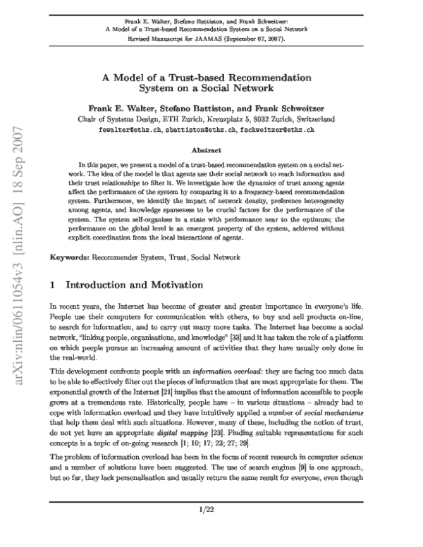 (PDF) A model of a trust-based recommendation system on a social network