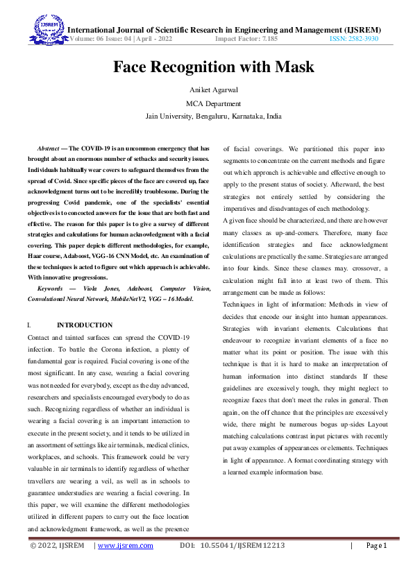 (PDF) Face Recognition with Mask