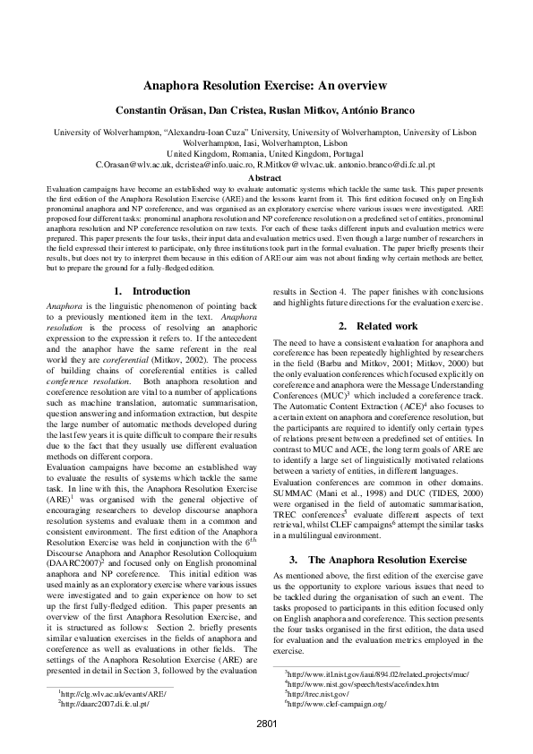 (PDF) Anaphora resolution exercise: An overview
