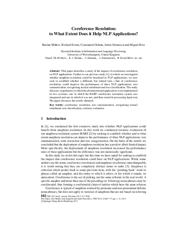 (PDF) Coreference Resolution: To What Extent Does It Help NLP Applications?