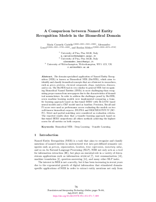 Pdf A Comparison Between Named Entity Recognition Models In The Biomedical Domain