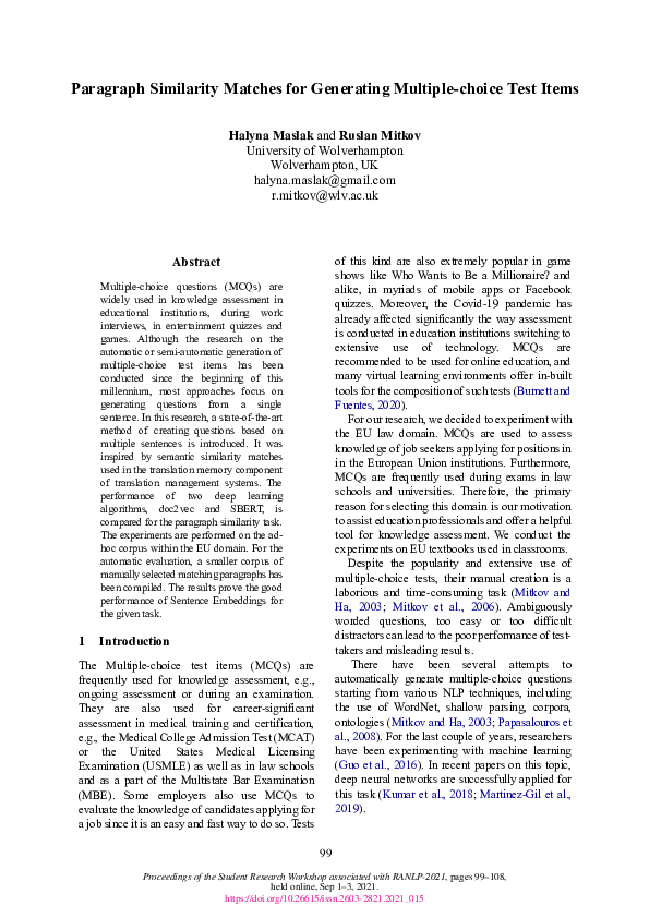 (PDF) Paragraph Similarity Matches for Generating Multiple-choice Test ...