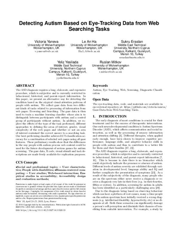 Pdf Detecting Autism Based On Eye Tracking Data From Web Searching Tasks