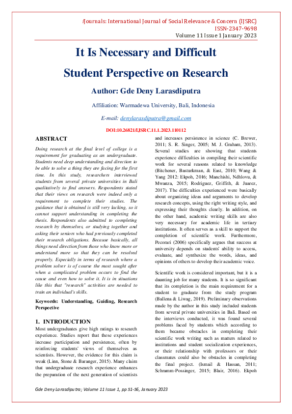 (PDF) It Is Necessary and Difficult Student Perspective on Research