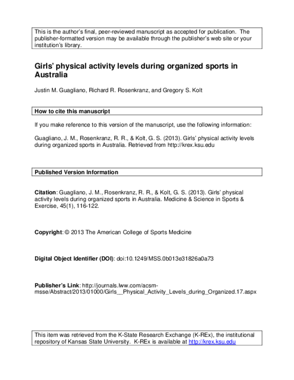 (PDF) Girls’ Physical Activity Levels during Organized Sports in ...