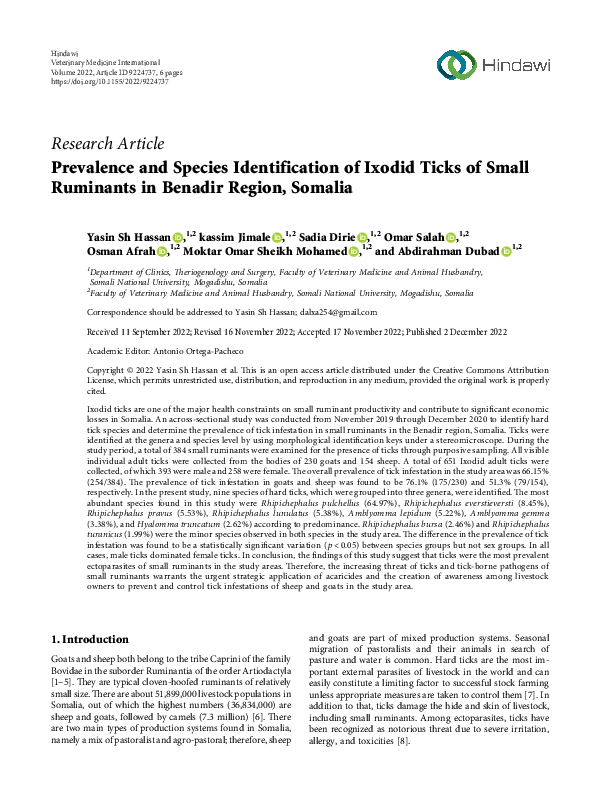 (PDF) Prevalence and Species Identification of Ixodid Ticks of Small ...