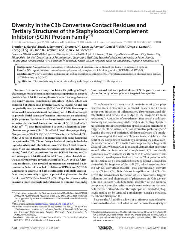 (PDF) Diversity in the C3b Convertase Contact Residues and Tertiary ...