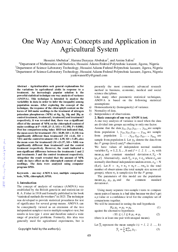 (PDF) One Way Anova : Concepts and Application in Agricultural System