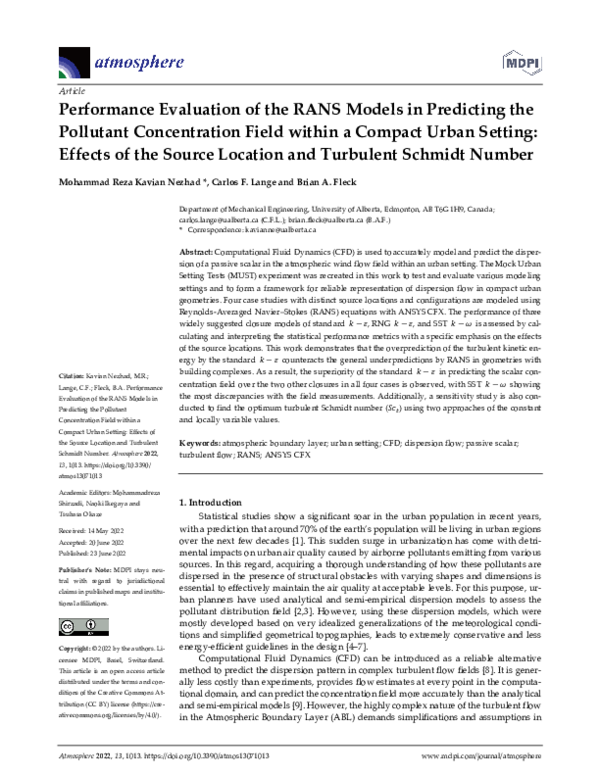 (PDF) Performance Evaluation of the RANS Models in Predicting the Pollutant Concentration Field ...