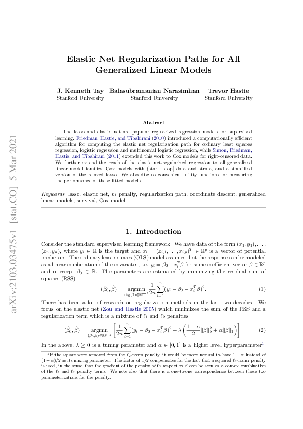 (PDF) Elastic Net Paths for Generalized Linear Models