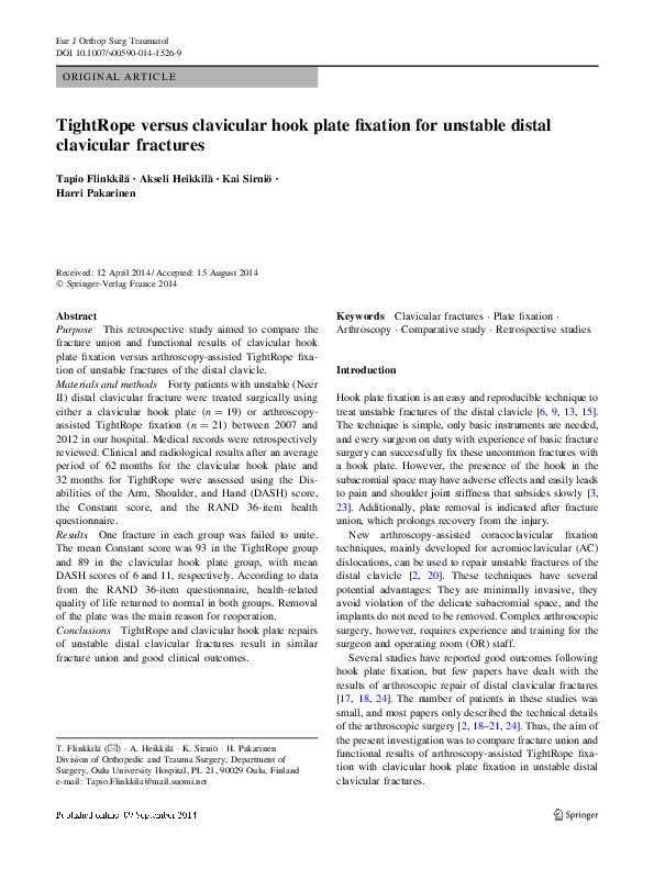 (PDF) TightRope versus clavicular hook plate fixation for unstable ...