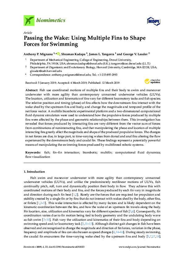 (PDF) Passing the Wake: Using Multiple Fins to Shape Forces for Swimming