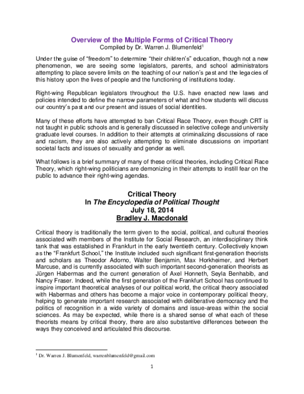 (PDF) Overview of the Multiple Forms of Critical Theory
