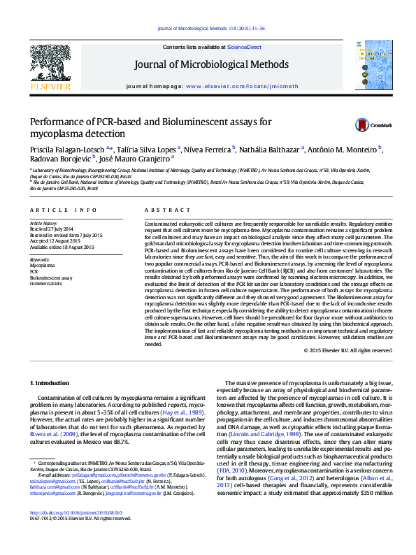 (PDF) Performance of PCR-based and Bioluminescent assays for mycoplasma detection