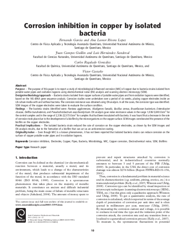 (PDF) Corrosion inhibition in copper by isolated bacteria