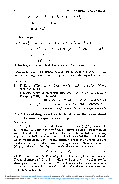 Pdf 9002 Calculating Exact Cycle Lengths In The Generalised Fibonacci Sequence Modulo P