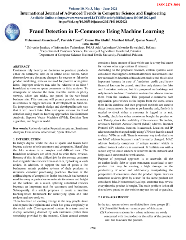(PDF) Fraud Detection in E-Commerce Using Machine Learning