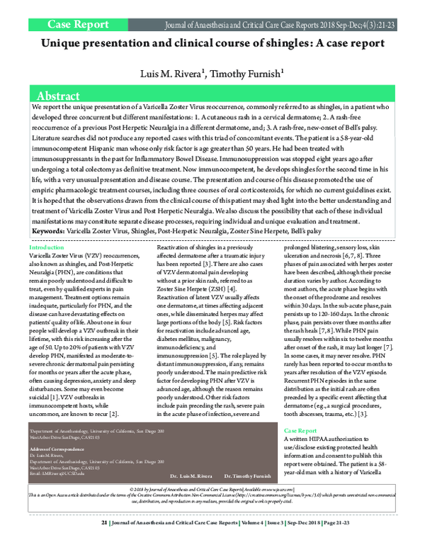 (PDF) Unique presentation and clinical course of shingles : A case report