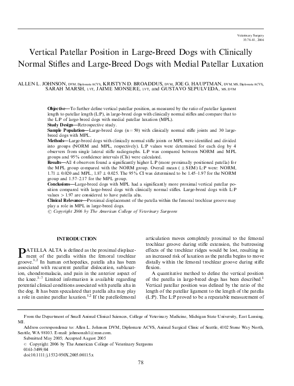 (PDF) Vertical Patellar Position in Large-Breed Dogs with Clinically ...