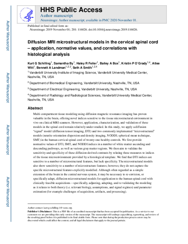 (PDF) Diffusion MRI microstructural models in the cervical spinal cord – Application, normative ...