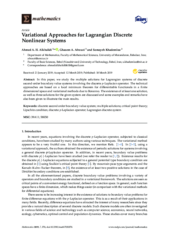 (PDF) Variational Approaches for Lagrangian Discrete Nonlinear Systems