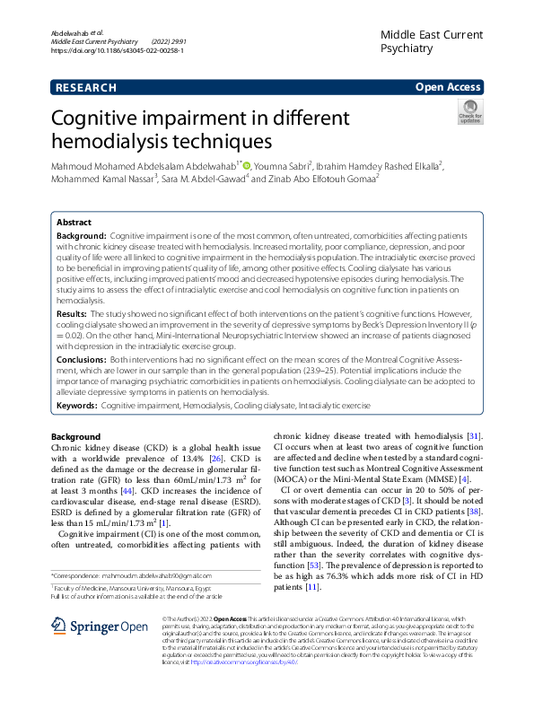 (PDF) Cognitive impairment in different hemodialysis techniques