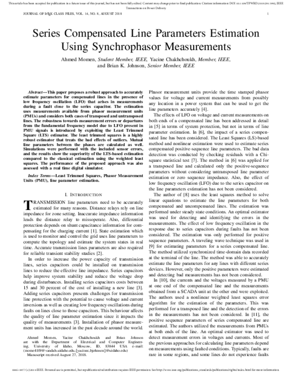 (PDF) Series Compensated Line Parameters Estimation Using Synchrophasor ...