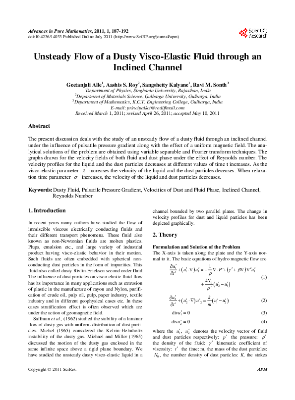 (PDF) Unsteady Flow of a Dusty Visco-Elastic Fluid Through a Incliend Channel