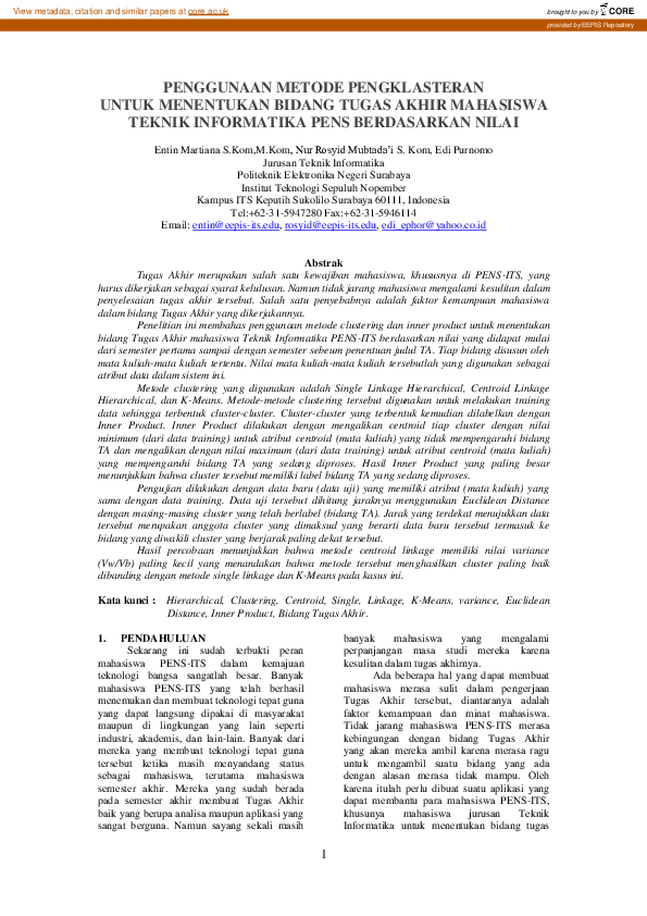 (PDF) Penggunaan Metode Pengklasteran Untuk Menentukan Bidang Tugas Akhir Mahasiswa Teknik ...