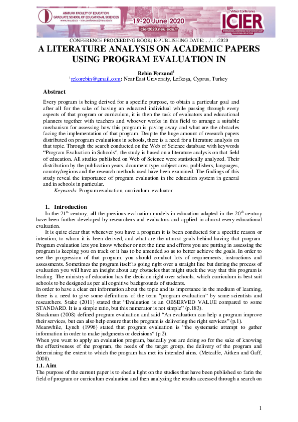 (PDF) A LITERATURE ANALYSIS ON ACADEMIC PAPERS USING PROGRAM EVALUATION IN