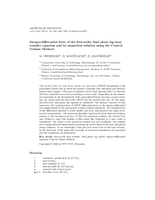 (PDF) Integro-differential form of the first-order dual phase lag heat ...