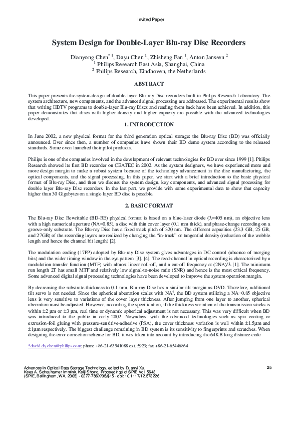 (PDF) System design for double-layer Blu-ray Disc recorders