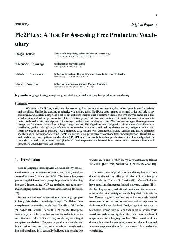 (PDF) Pic2PLex: A Test for Assessing Free Productive Vocabulary