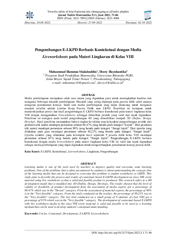 (PDF) Pengembangan E-LKPD Berbasis Kontekstual dengan Media Liveworksheets Pada Materi Lingkaran ...