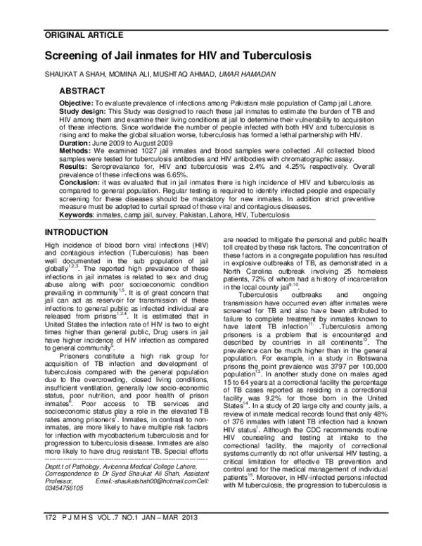 (PDF) Screening of Jail inmates for HIV and Tuberculosis | Momina Ali ...