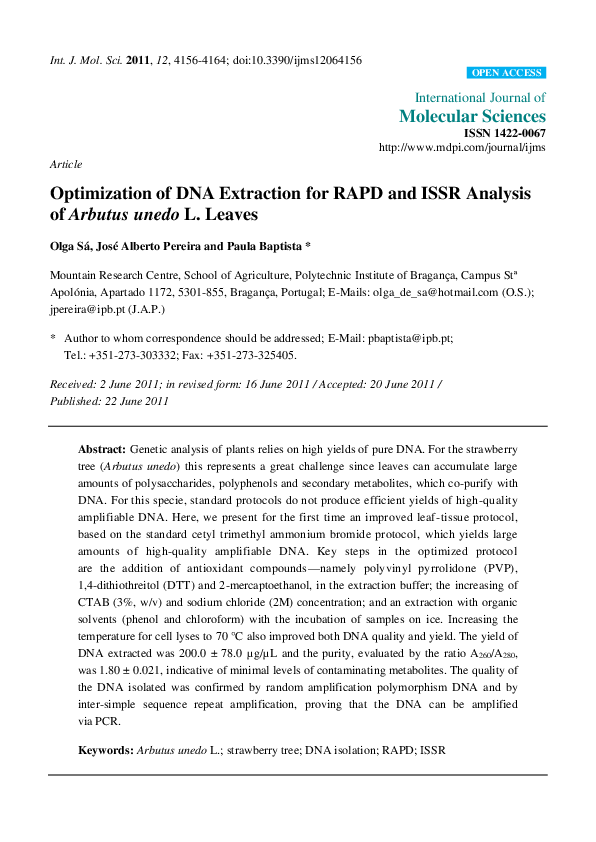 Pdf Optimization Of Dna Extraction For Rapd And Issr Analysis Of Arbutus Unedo L Leaves