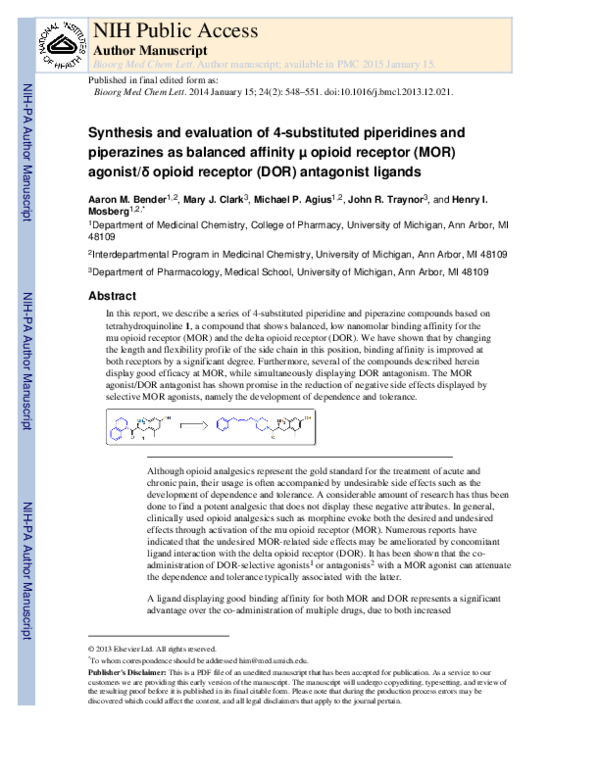 (PDF) Synthesis and evaluation of 4-substituted piperidines and ...