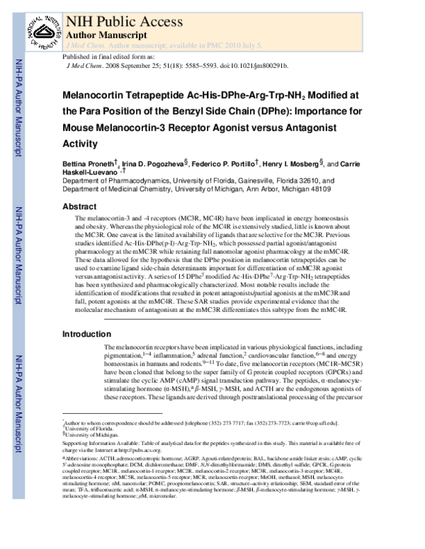(PDF) Melanocortin Tetrapeptide Ac-His-DPhe-Arg-Trp-NH2 Modified at the ...