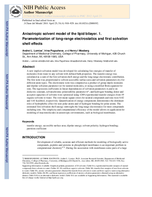 (PDF) Anisotropic Solvent Model of the Lipid Bilayer. 1 ...