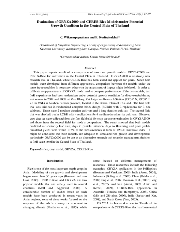(PDF) Evaluation of ORYZA2000 and CERES-Rice Models under Potential Growth Condition in the ...