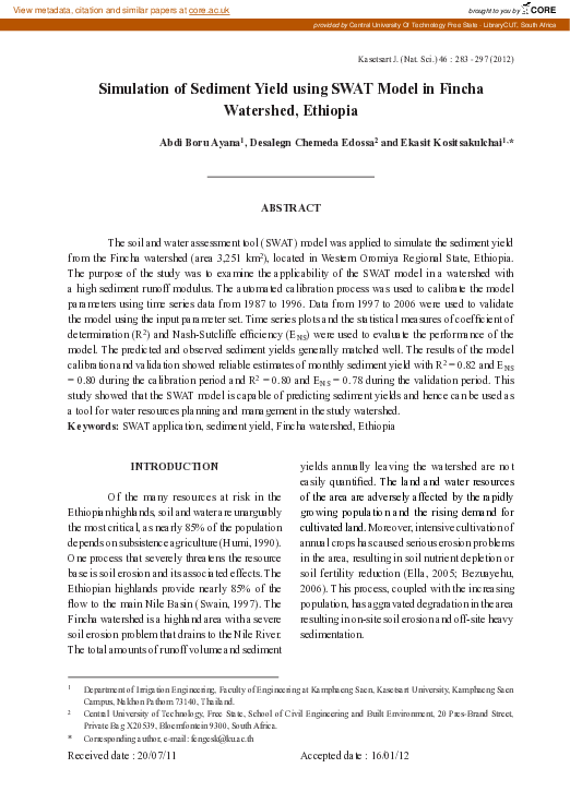 (PDF) Simulation of Sediment Yield using SWAT Model in Fincha Watershed, Ethiopiao Title ...