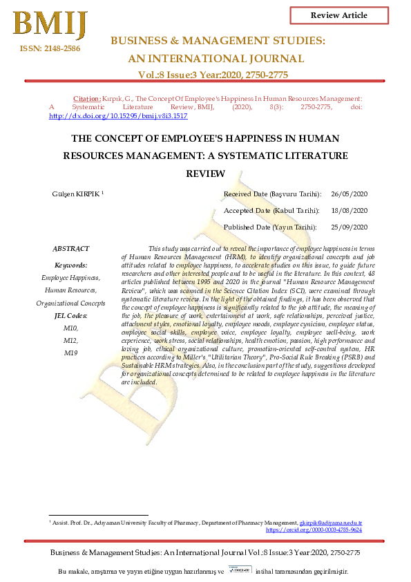 (PDF) The Concept of Employee's Happiness in Human Resources Management: A Systematic Literature ...