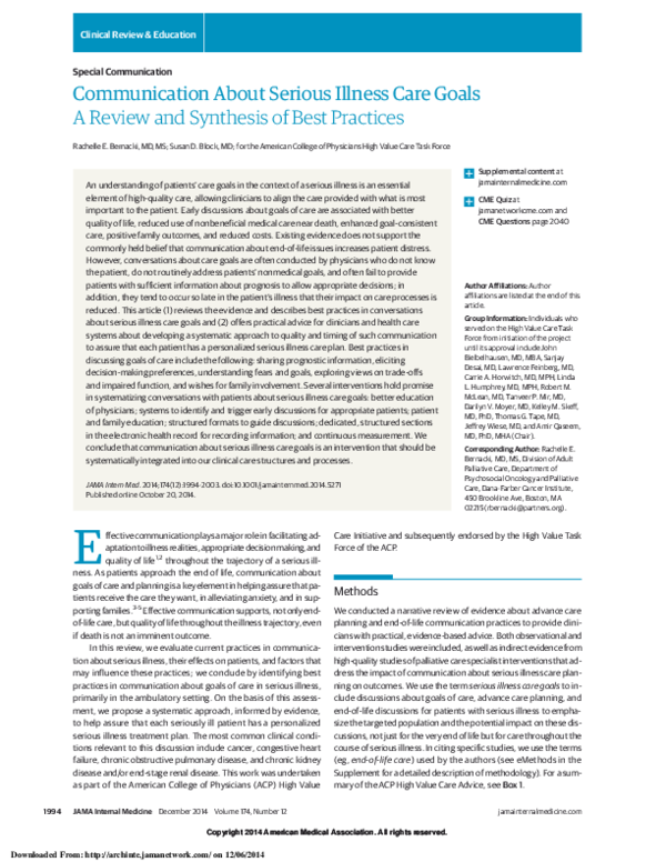 (PDF) Communication about serious illness care goals: a review and ...